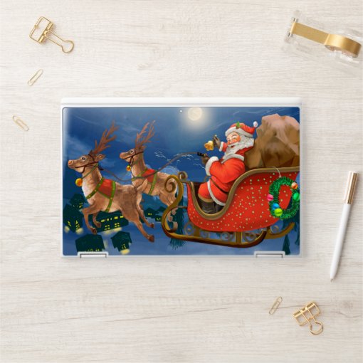 Reindeer Pulling Santa Claus Sleigh | Christmas HP Laptop Skin | Zazzle