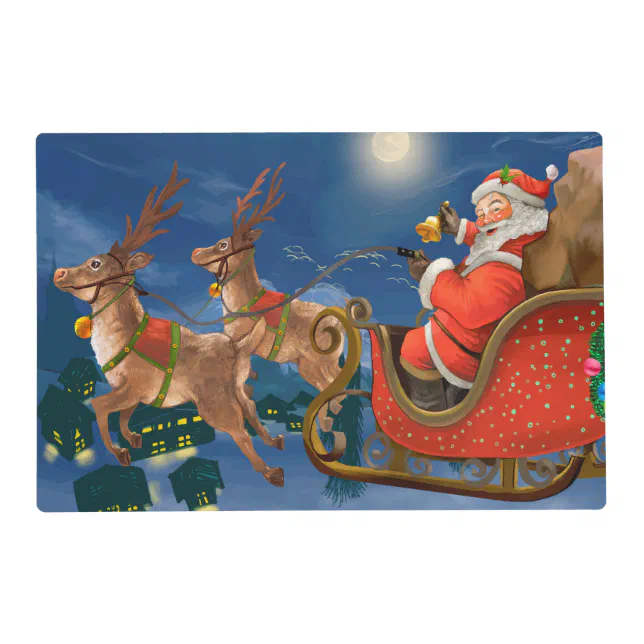 Reindeer Pulling Santa Claus Sleigh | Christmas Placemat | Zazzle