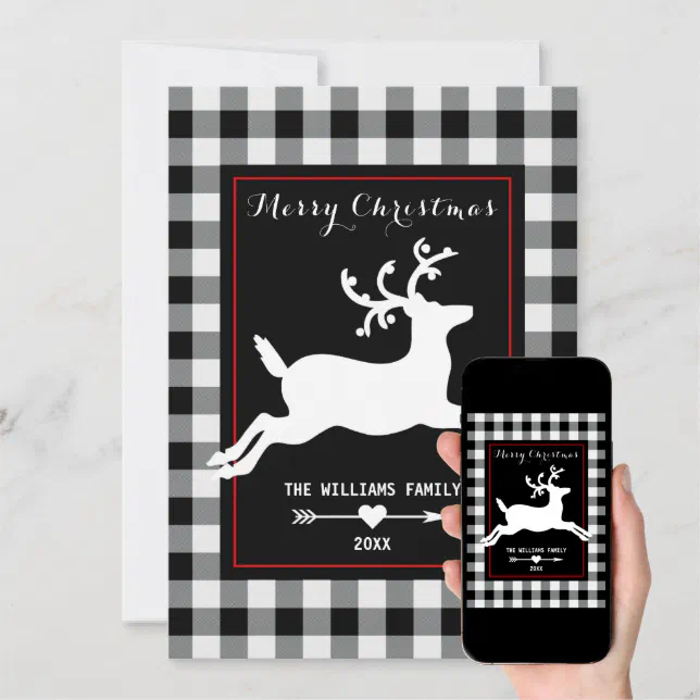 Reindeer Rustic Black White Buffalo Check Holiday Card | Zazzle
