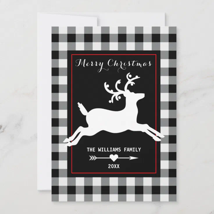 Reindeer Rustic Black White Buffalo Check Holiday Card | Zazzle