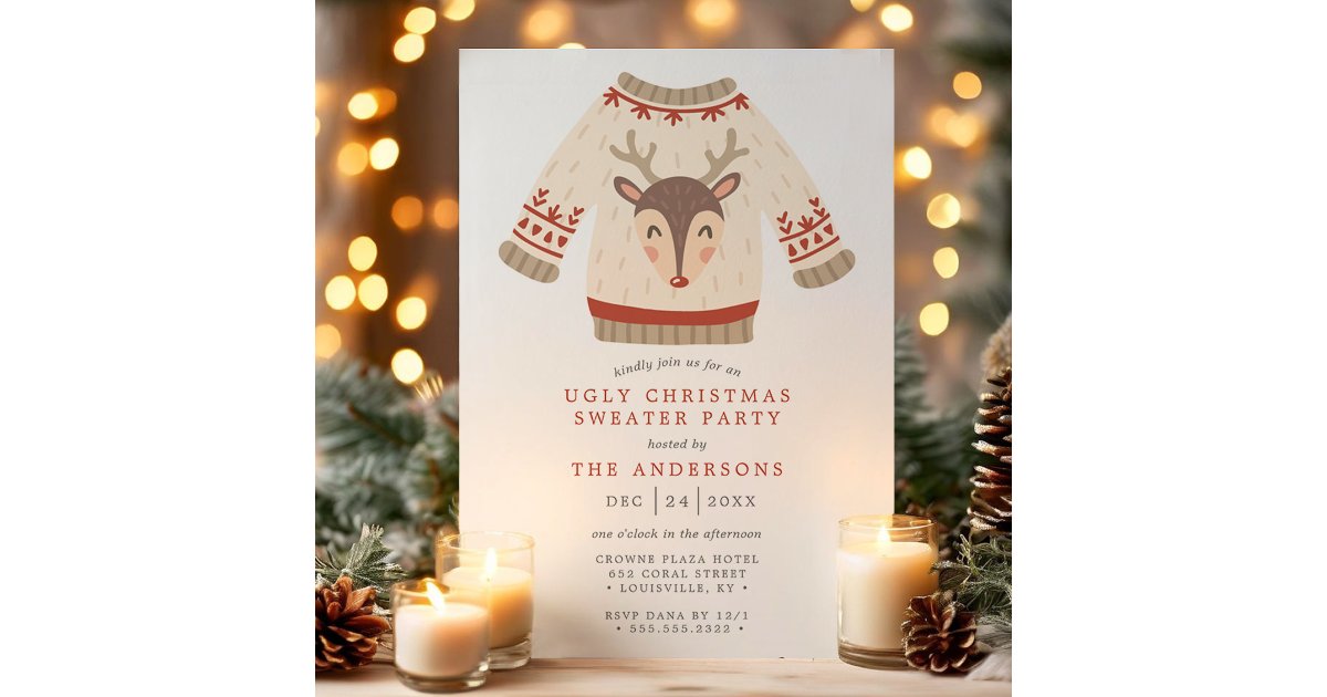 Reindeer Tacky Ugly Christmas Sweater Party Invitation | Zazzle