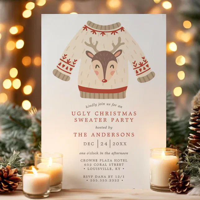Reindeer Tacky Ugly Christmas Sweater Party Invitation | Zazzle