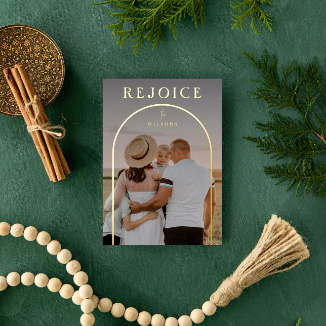 Rejoice Arch Custom Full Photo Christmas Foil Holiday Card | Zazzle