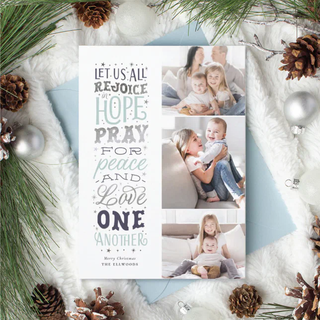 Rejoice Religious Faux Silver Foil Christmas Card | Zazzle