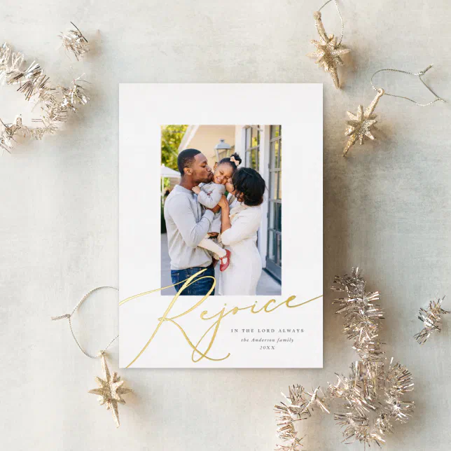 Rejoice Script Religious Christmas Photo Gold Foil Holiday Card | Zazzle