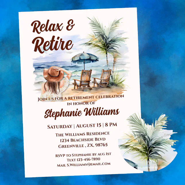 Relax and Retire Tropical Beach Womens Retirement Invitation | Zazzle