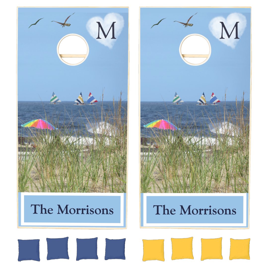 Relax Ocean Beach Sailboats Sand Monogram Name Cornhole Set | Zazzle
