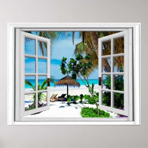 Relaxing Beach and Ocean Faux Window View Poster | Zazzle