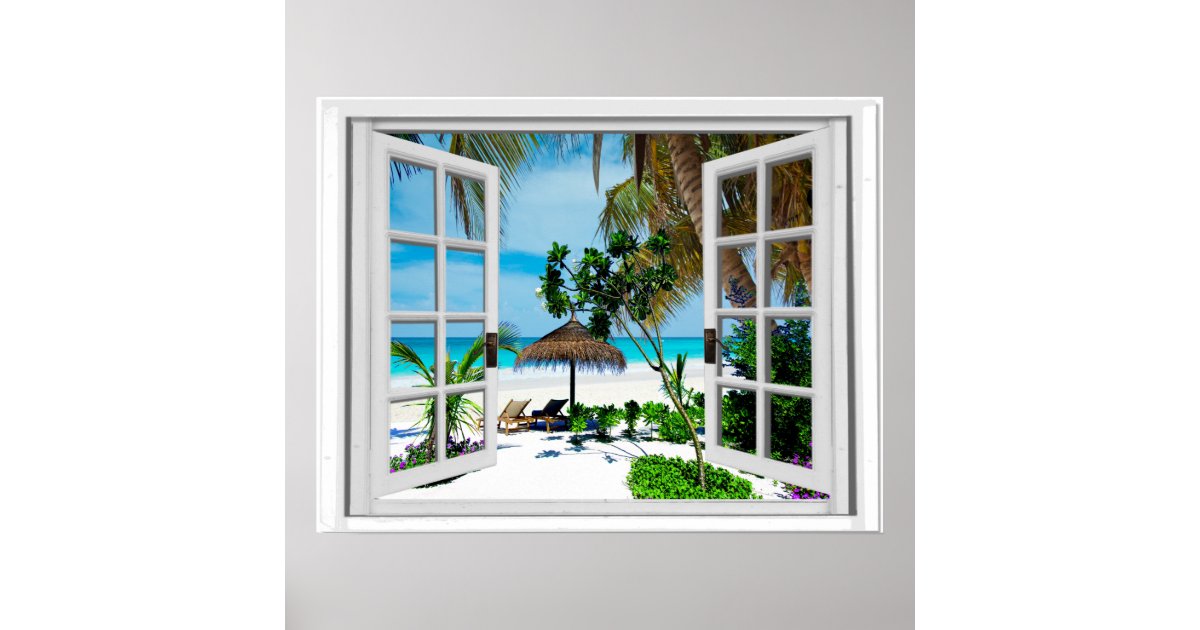 Relaxing Beach and Ocean Faux Window View Poster | Zazzle