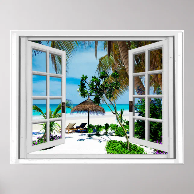 Relaxing Beach and Ocean Faux Window View Poster | Zazzle