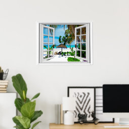 Relaxing Beach and Ocean Faux Window View Poster | Zazzle