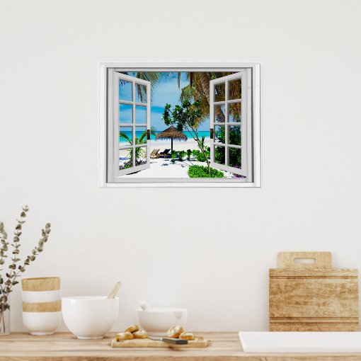 Relaxing Beach and Ocean Faux Window View Poster | Zazzle