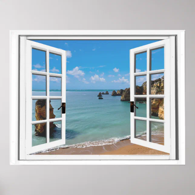 Relaxing Beach Ocean View Faux Window Poster | Zazzle