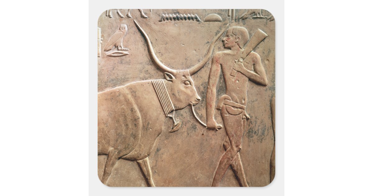 Relief depicting peasant leading cow to square sticker | Zazzle
