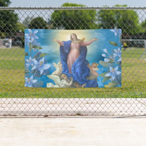 Religious Assumption of Mary Angels Blue Floral Banner | Zazzle