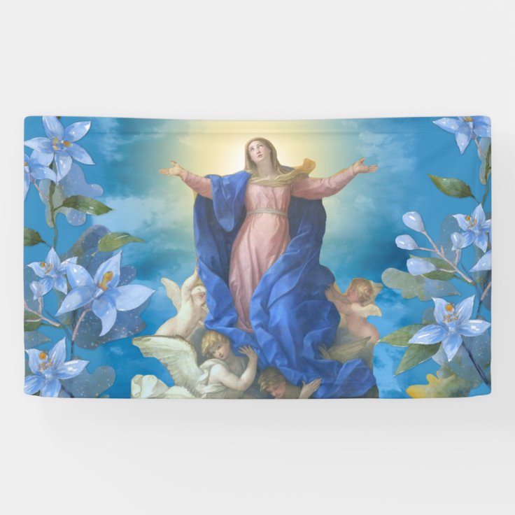 Religious Assumption of Mary Angels Blue Floral Banner | Zazzle