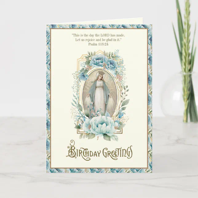 Religious Birthday Blue Floral Virgin Mary Note Card | Zazzle