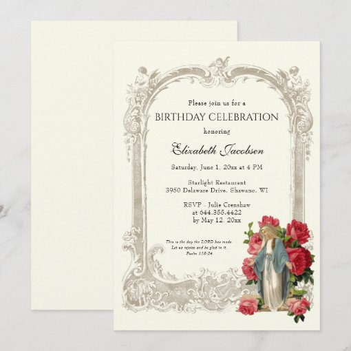 Religious Birthday Elegant Red Roses Angels Invitation | Zazzle