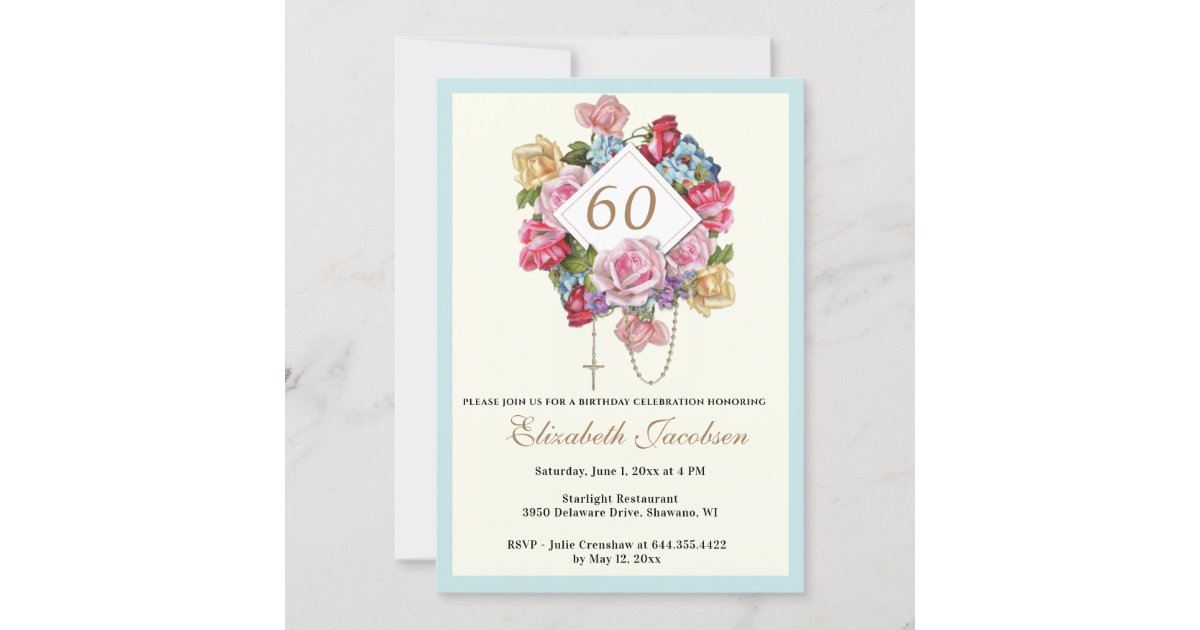 Religious Birthday Rosary Catholic Floral Invitation | Zazzle