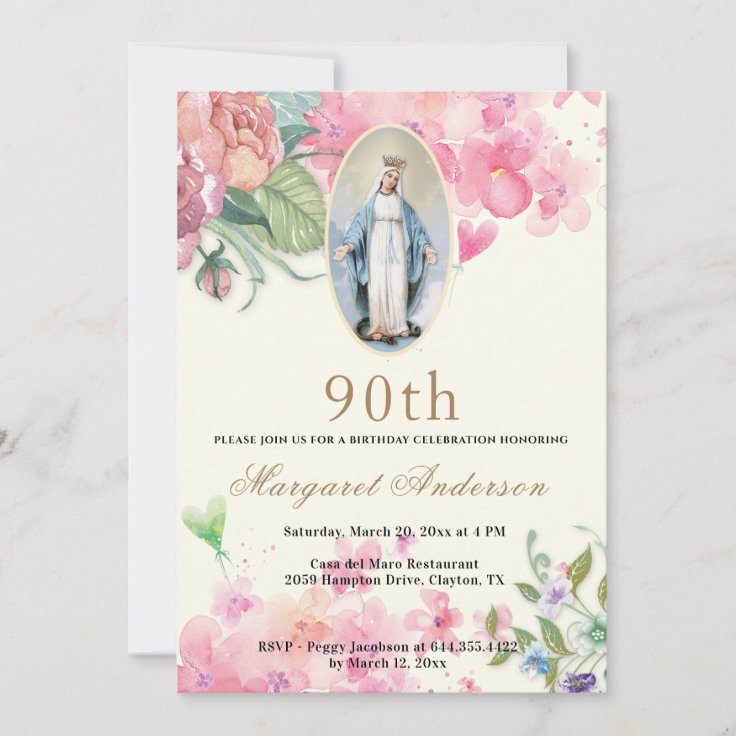 Religious Birthday Virgin Mary Scripture Floral Invitation | Zazzle