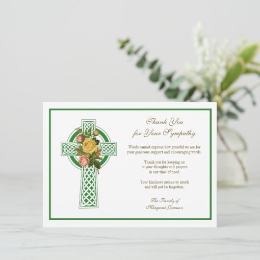 Religious Catholic Celtic Cross Roses Condolence Thank You Card | Zazzle