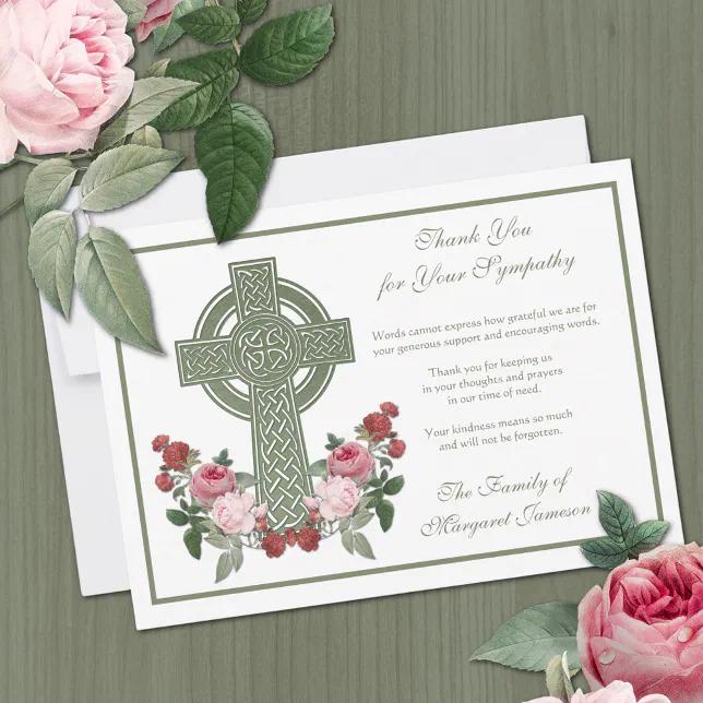 Religious Catholic Celtic Cross Roses Condolence Thank You Card | Zazzle
