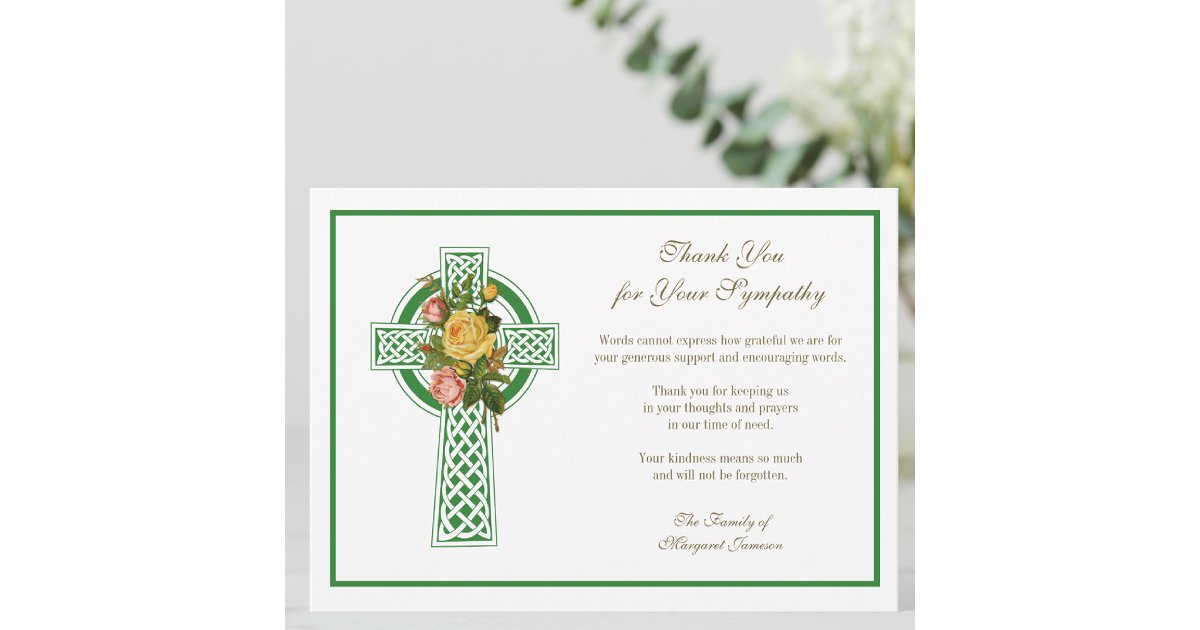 Religious Catholic Celtic Cross Roses Condolence Thank You Card | Zazzle