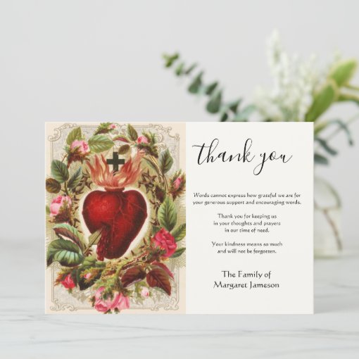 Religious Catholic Sacred Heart Jesus Condolence Thank You Card | Zazzle