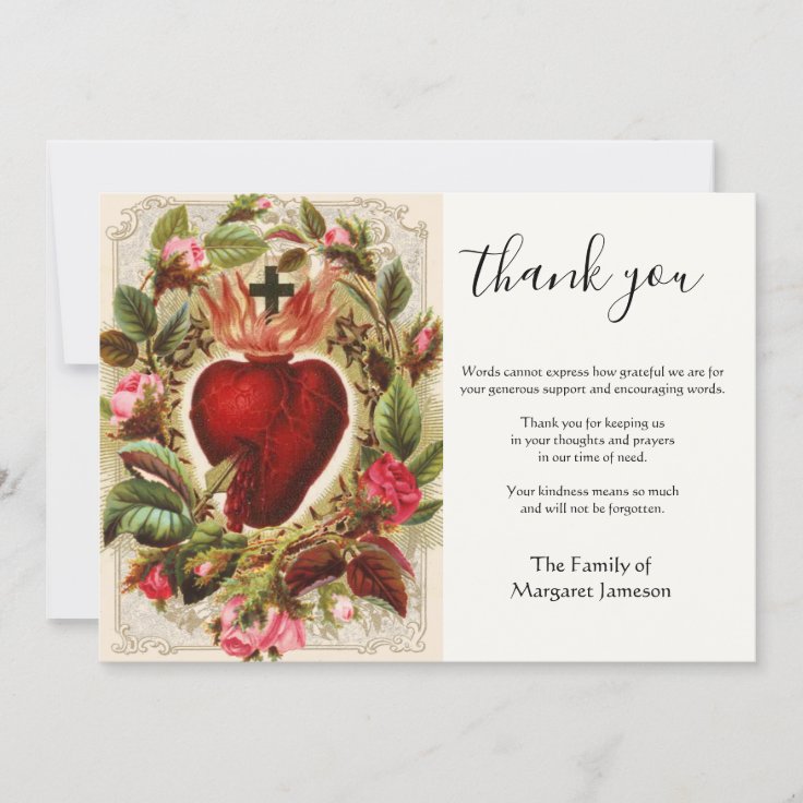 Religious Catholic Sacred Heart Jesus Condolence Thank You Card | Zazzle