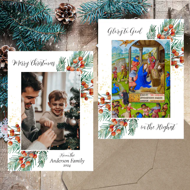 Religious Christian Christmas Green Elegant Photo Holiday Card | Zazzle