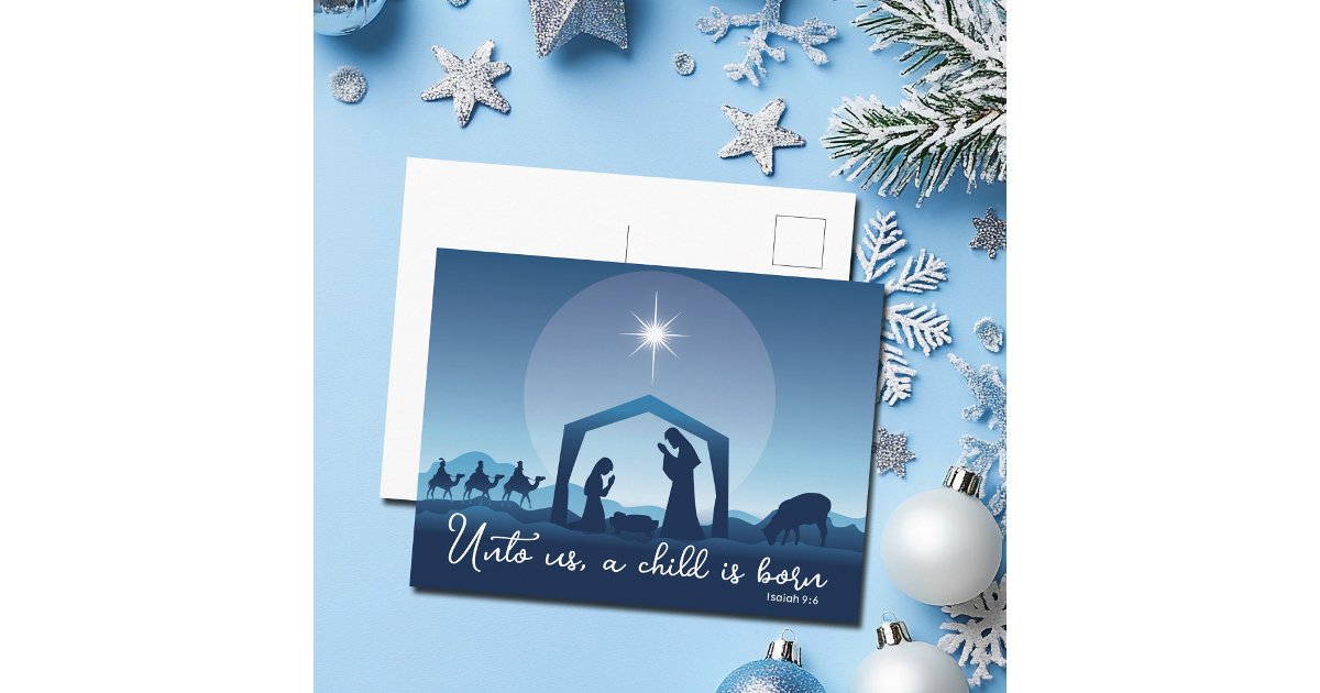 Religious Christmas Nativity Scene Blue Holiday Postcard | Zazzle
