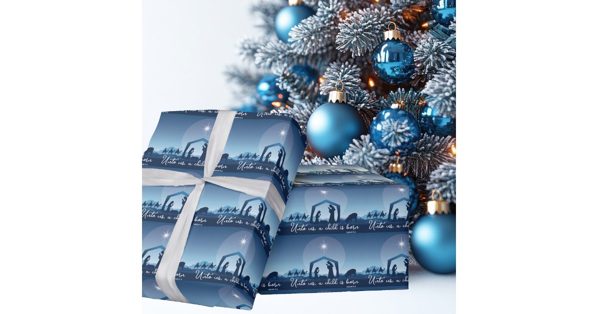 Religious Christmas Nativity Scene Blue Wrapping Paper | Zazzle