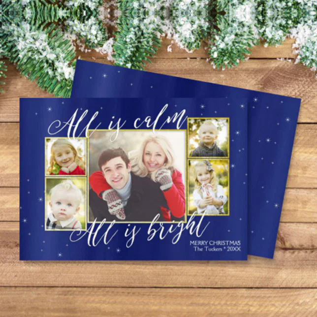 Religious Christmas Photo Card, Navy Blue Gold Holiday Card | Zazzle