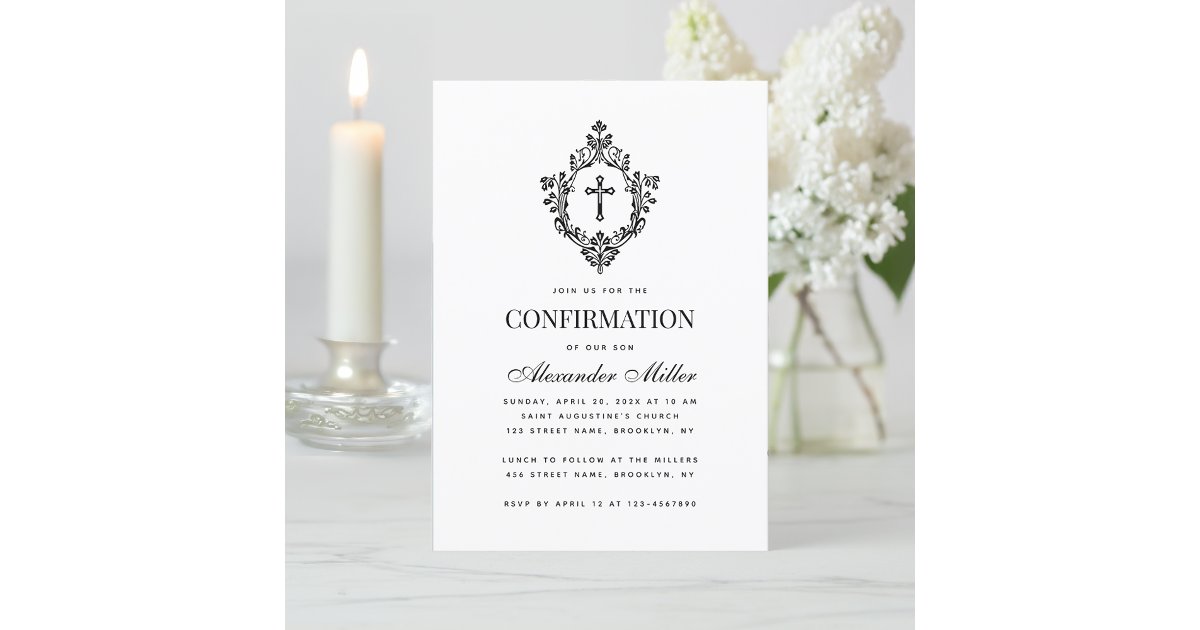 Religious Confirmation Black & White Vintage Crest Invitation | Zazzle