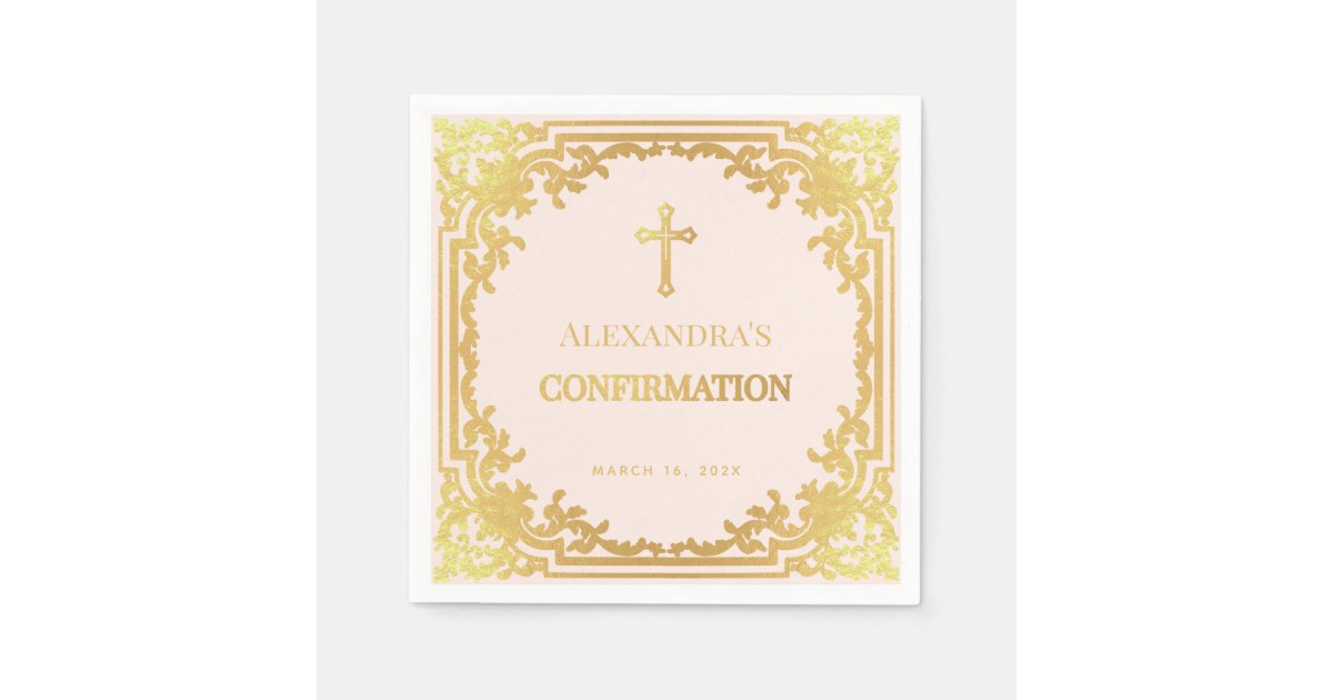 Religious Confirmation Girl Pink Faux Gold Cross Napkins | Zazzle