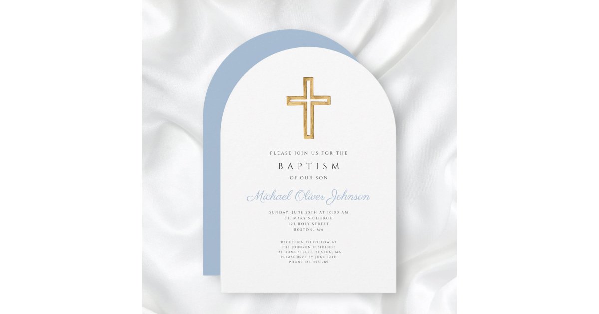 Religious Cross Baby Blue Script Boy Baptism Arch Invitation | Zazzle