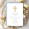 Religious Cross Baby Blue Script Boy Baptism Invitation | Zazzle