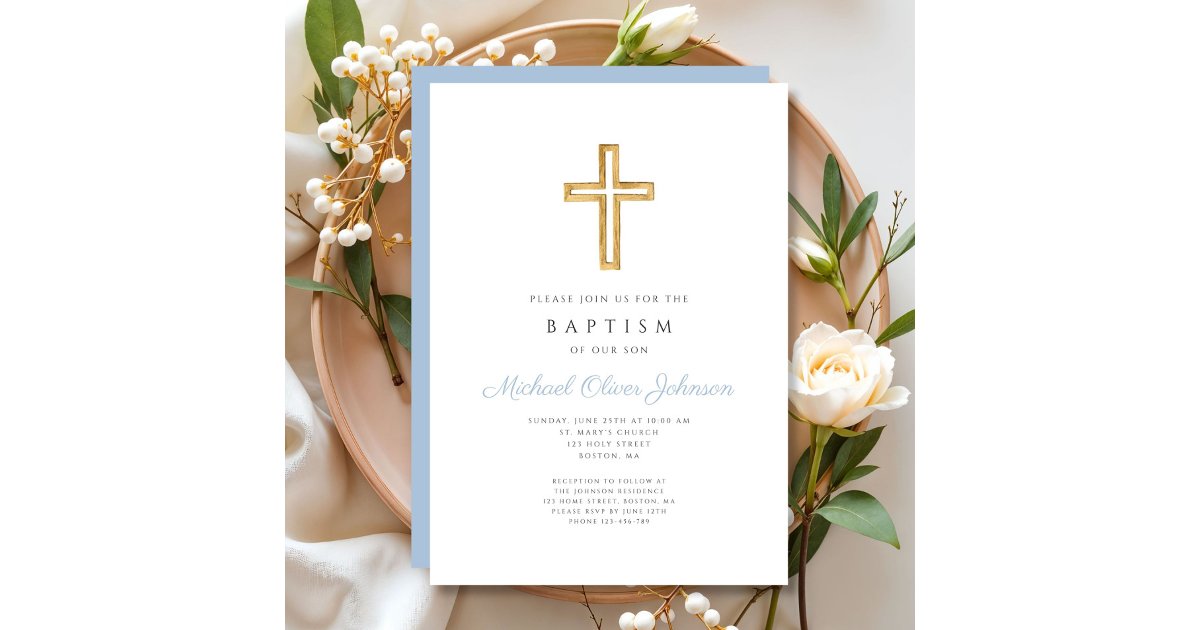 Religious Cross Baby Blue Script Boy Baptism Invitation | Zazzle