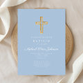 Religious Cross Baby Blue Script Boy Baptism Invitation | Zazzle