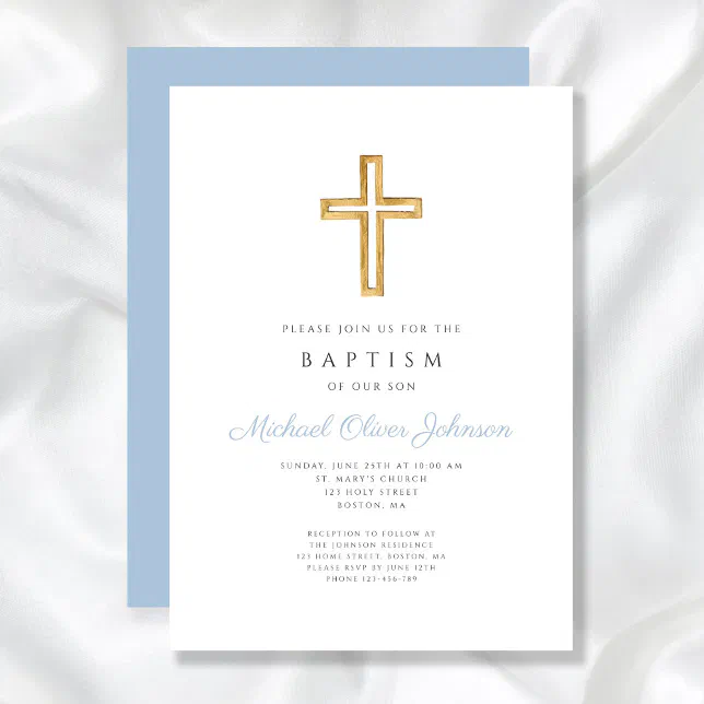 Religious Cross Baby Blue Script Boy Baptism Invitation | Zazzle