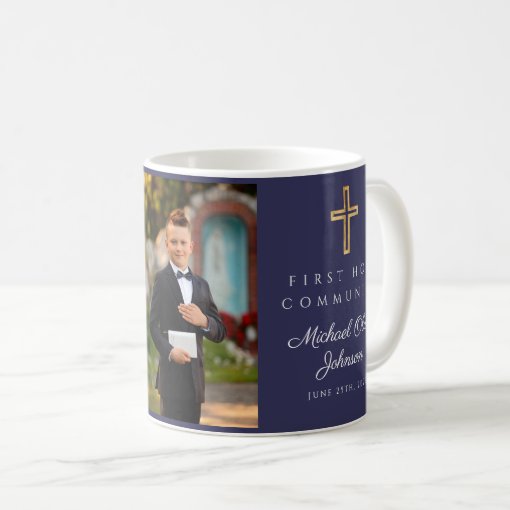 Religious Cross Blue Boy First Communion Photo Coffee Mug | Zazzle