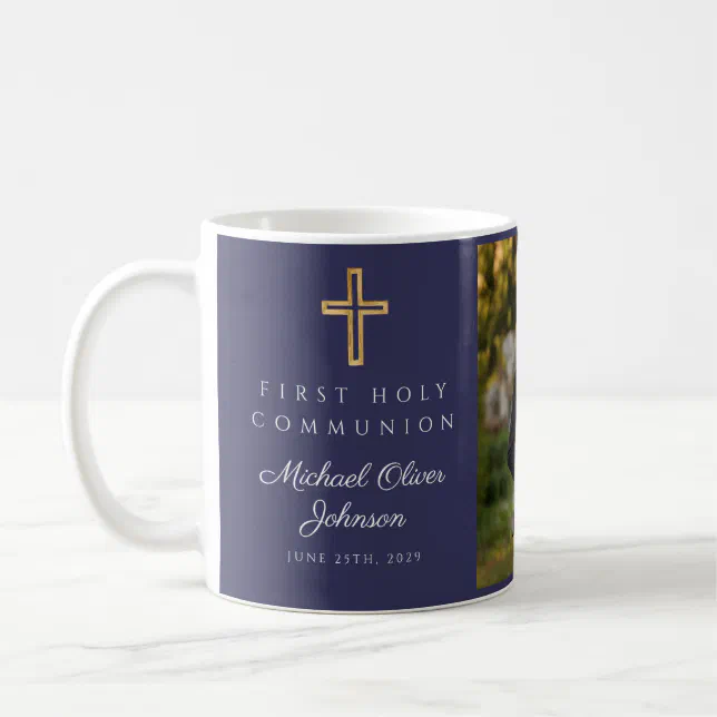 Religious Cross Blue Boy First Communion Photo Coffee Mug | Zazzle