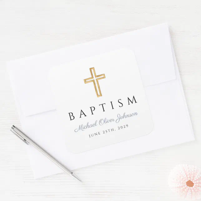 Religious Cross Dusty Blue Script Boy Baptism Square Sticker | Zazzle