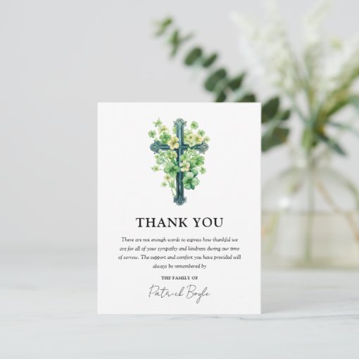 Religious Cross & Irish Clover Sympathy Thank You Card | Zazzle