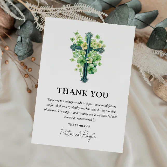 Religious Cross & Irish Clover Sympathy Thank You Card | Zazzle