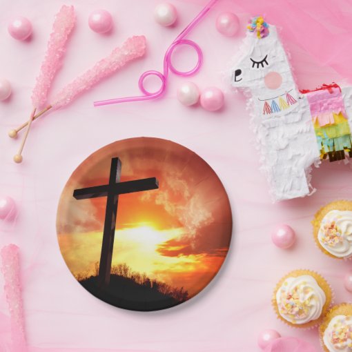 Religious Easter Cross at Sunset Paper Plates | Zazzle