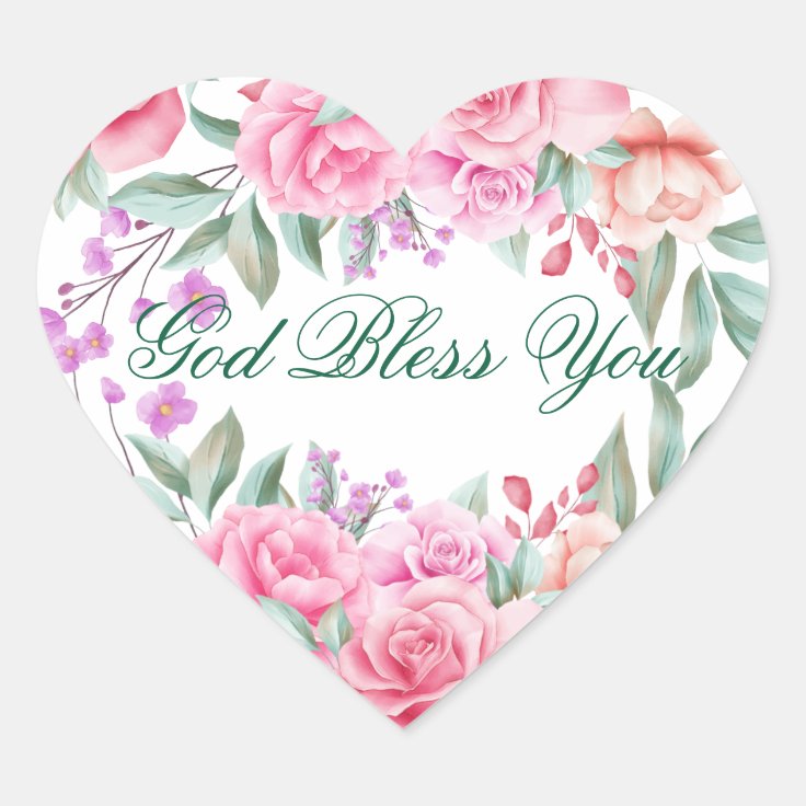 Religious God Bless You Pink Roses Floral Heart Heart Sticker | Zazzle