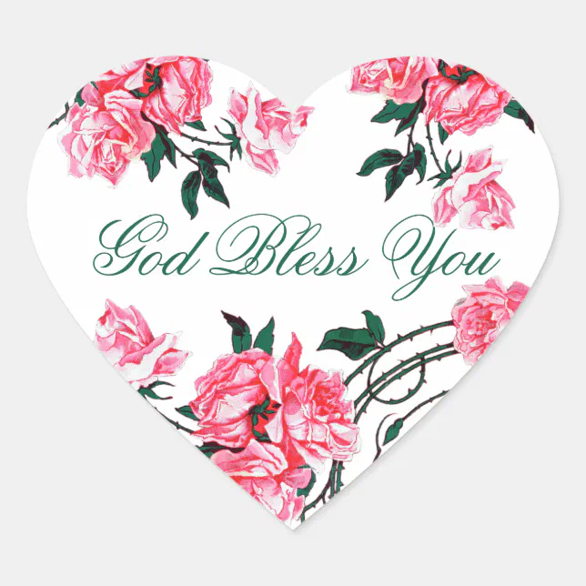 Religious God Bless You Pink Roses Floral Heart Sticker | Zazzle