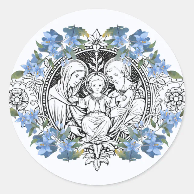 Religious Holy Family Elegant Blue Floral Classic Round Sticker | Zazzle