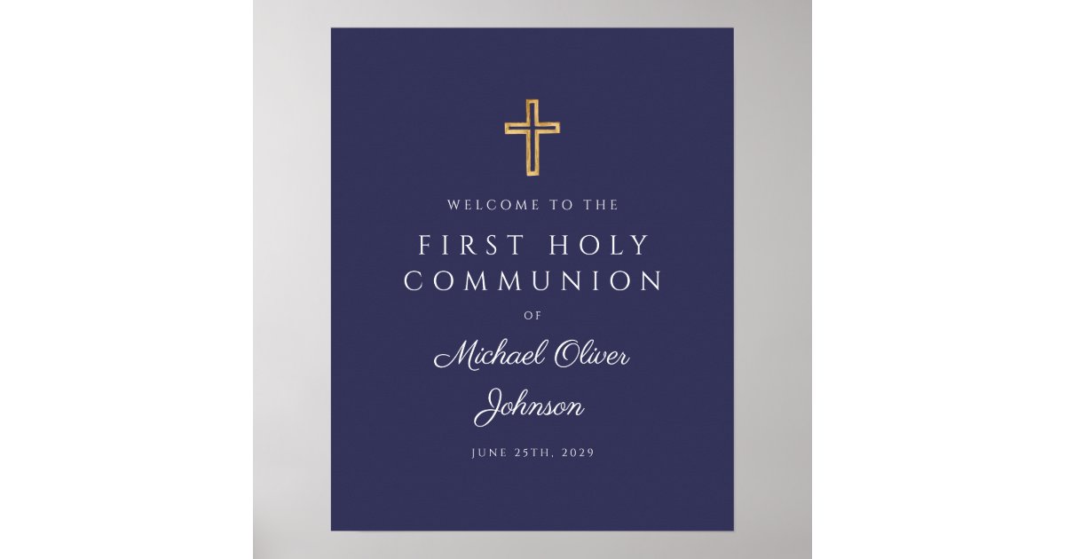 Religious Navy Blue Boy First Communion Welcome Poster | Zazzle